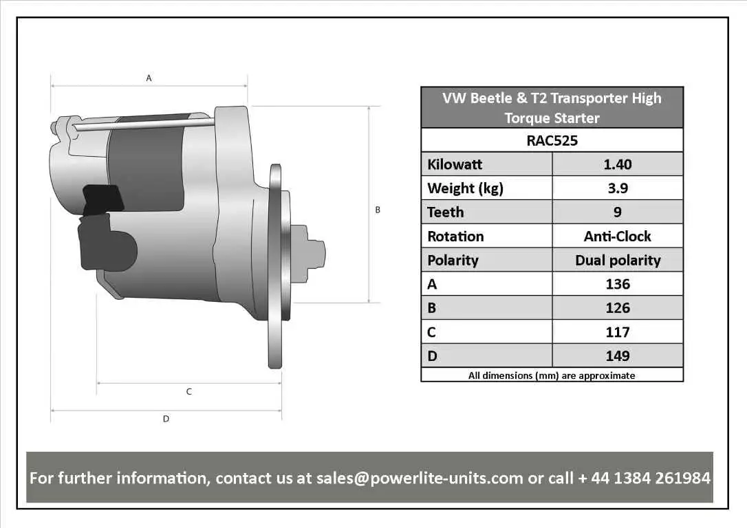 Powerlite RAC525 High Torque Gear Reduction VW Starter Motor T1/T2 and ...